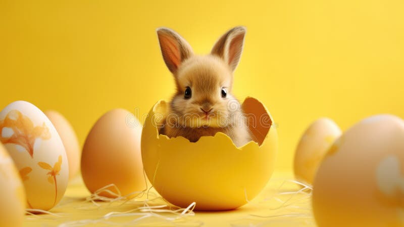 Cute Easter Bunny Hatching from Yellow Easter Egg Stock Image - Image ...