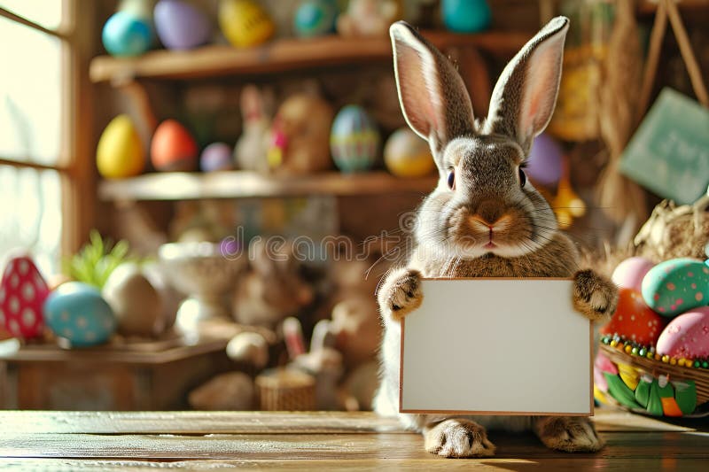 Cute Easter Bunny Holding Blank Sign Stock Illustration - Illustration ...