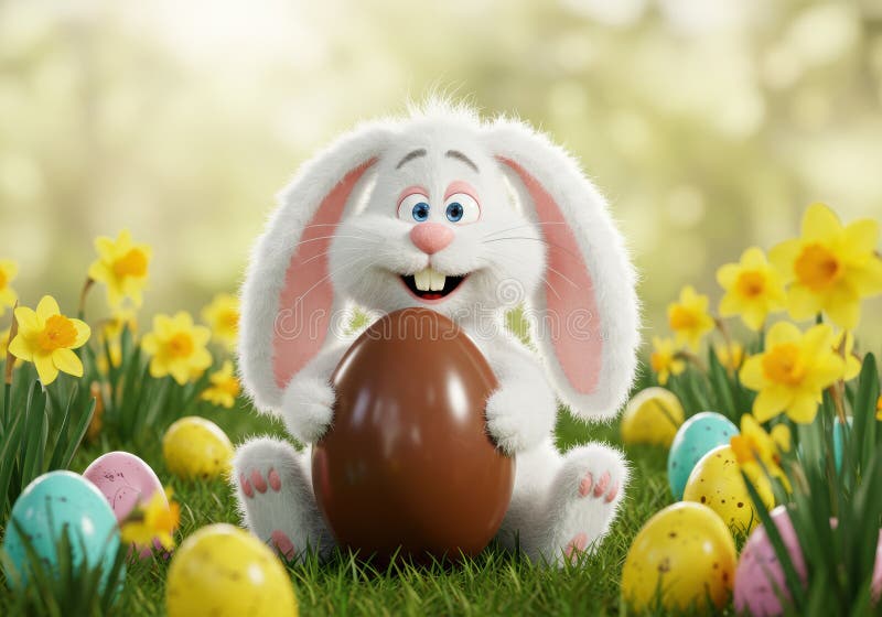 Cute Easter Bunny Holding Chocolate Egg in Spring Garden Surrounded by ...