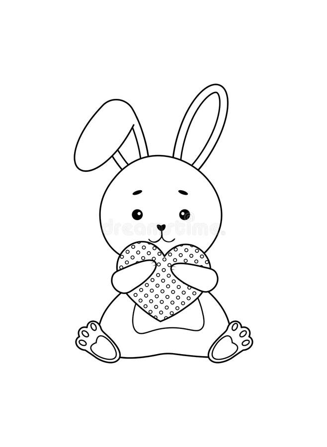 Cute Easter Bunny Holding Heart Coloring Page A4. Vector Illustration ...