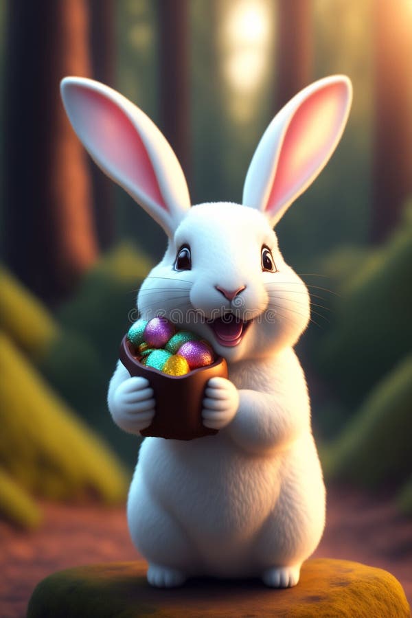 A Cute Easter Bunny is Holding a Little Basket Full of Colorful Easter ...