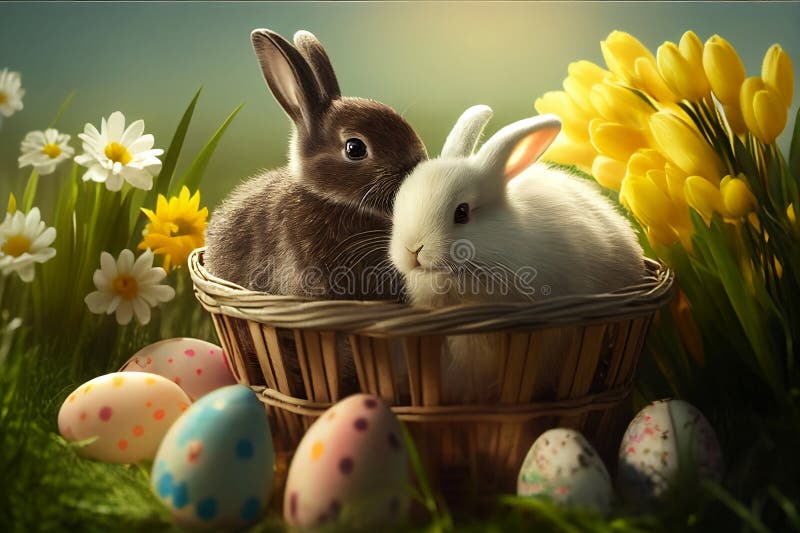 Cute easter bunny holiday stock illustration. Illustration of flowers ...
