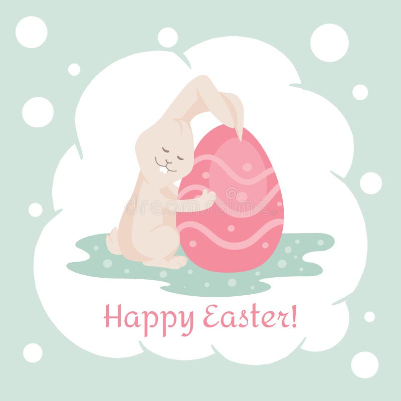 Cute Easter Bunny Hugs a Large Colored Egg. Easter Card. Vector ...