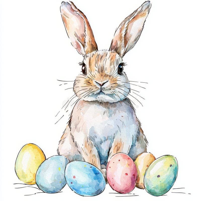 Cute Easter Bunny Illustration in Watercolor. Stock Photo - Image of ...