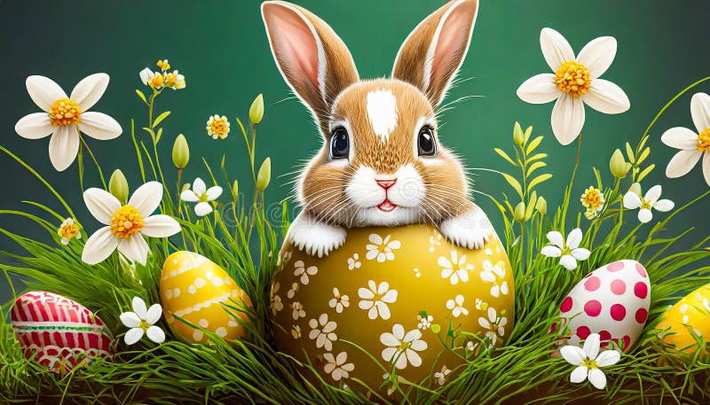 Cute Easter Bunny Leaning on a Big Easter Egg in Grass Stock ...