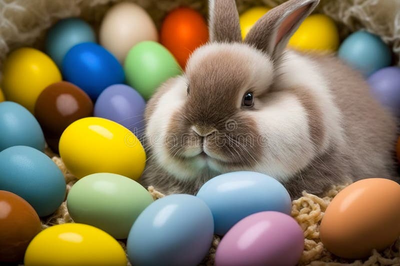 Cute Easter Bunny with Many Colorful Easter Eggs. Realistic ...