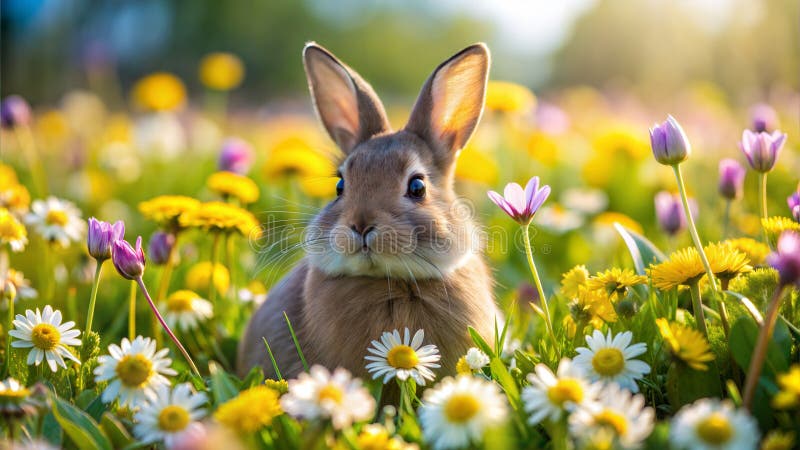 Cute Easter Bunny in a Meadow of Spring Flowers Looking at the Camera ...