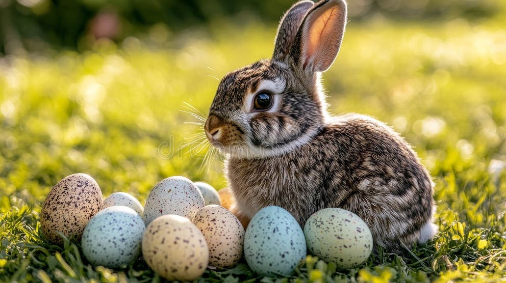 A Cute Easter Bunny Nestled among Pastel Eggs and Spring Blossoms ...