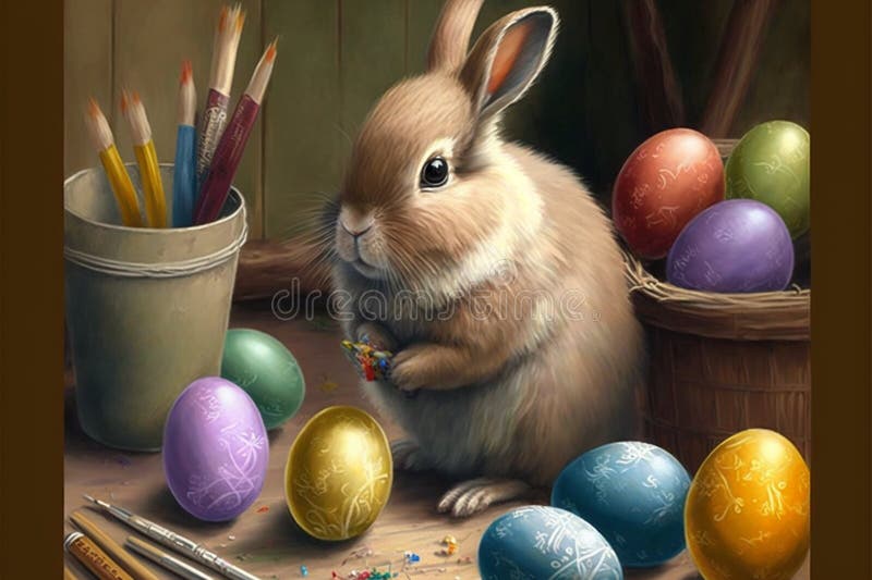 Cute Easter Bunny Painting Eggs Stock Illustration - Illustration of ...