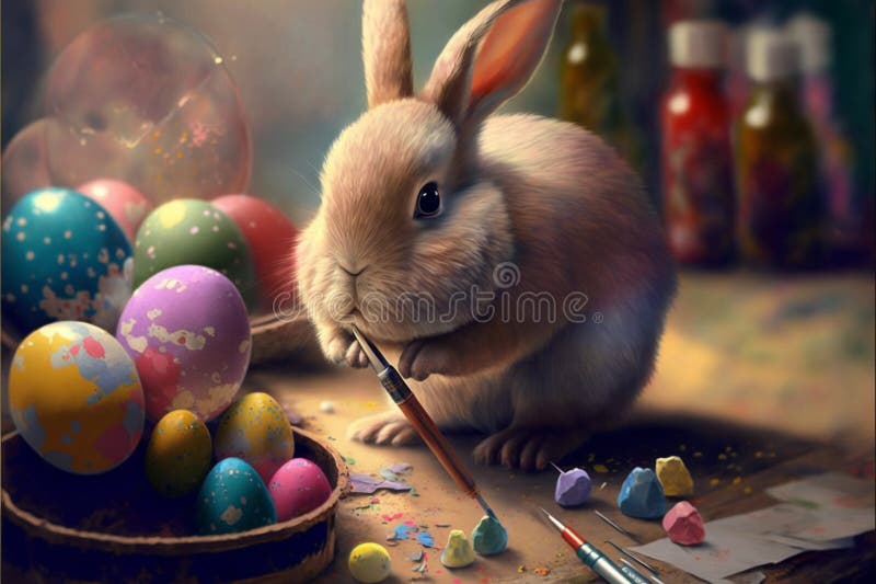 Cute Easter Bunny Painting Eggs Stock Illustration - Illustration of ...
