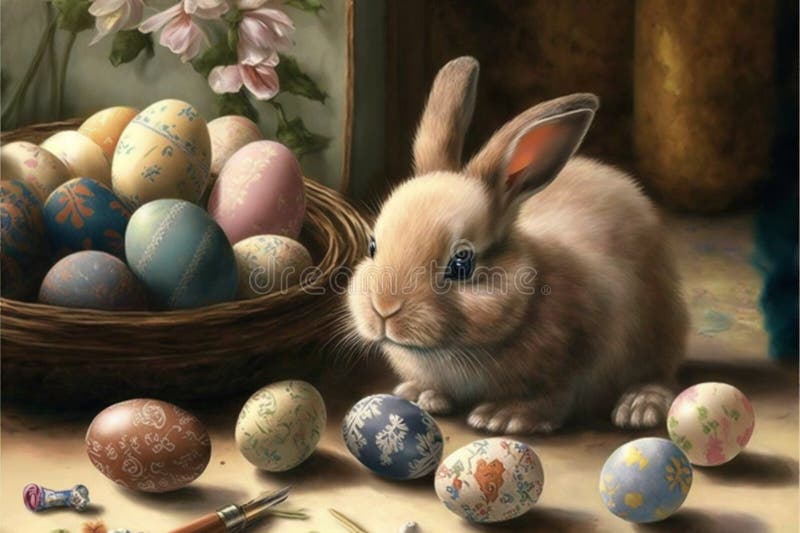 Cute Easter Bunny Painting Eggs Stock Illustration - Illustration of ...