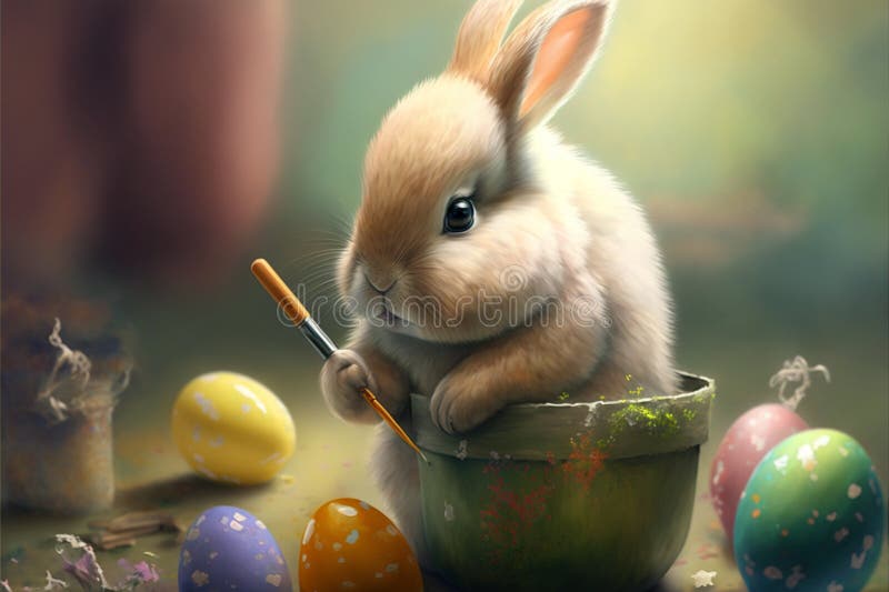 Cute Easter Bunny Painting Eggs Stock Illustration - Illustration of ...