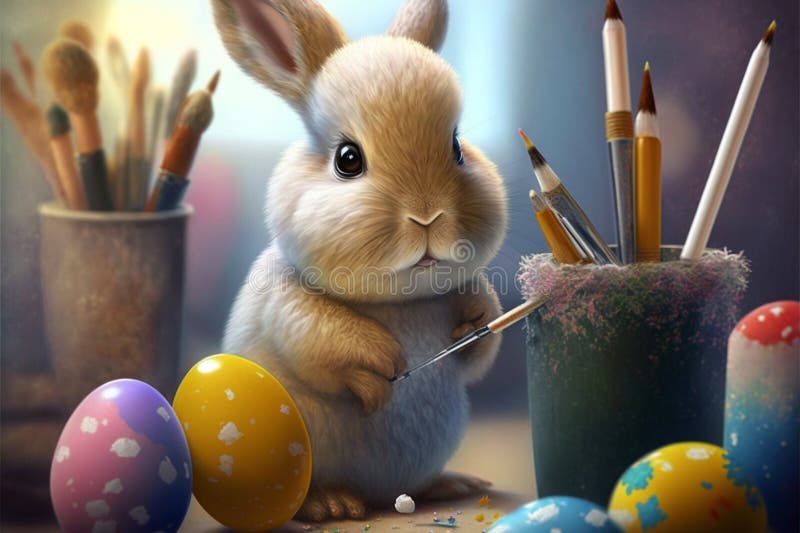 Cute Easter Bunny Painting Eggs Stock Illustration - Illustration of ...
