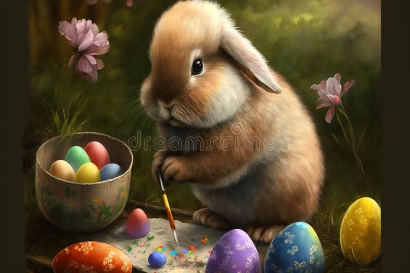 Cute Easter Bunny Painting Eggs Stock Illustration - Illustration of ...