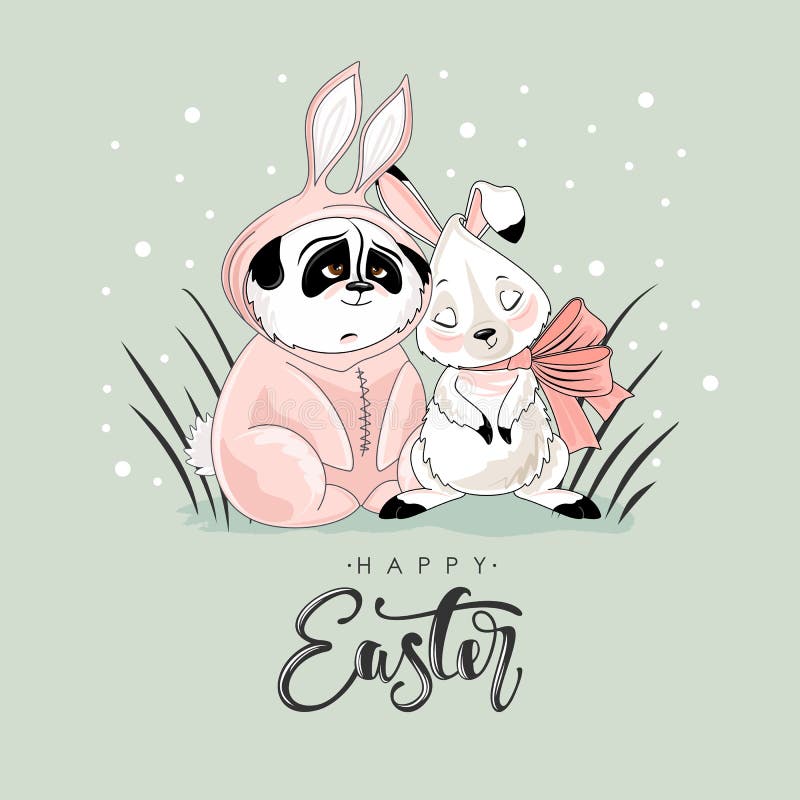 Cute Easter Bunny and Panda with Hand Drawn Phrase. Calligraphy Brush ...