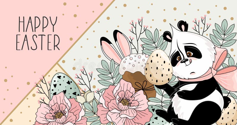 Cute Easter Bunny and Panda with Hand-drawn Phrase `Happy Easter ...