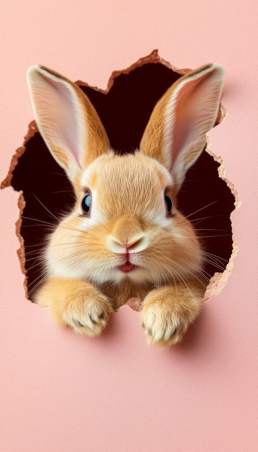 Cute Easter Bunny Peeking through Hole. Fluffy Rabbit in Pastel Pink ...