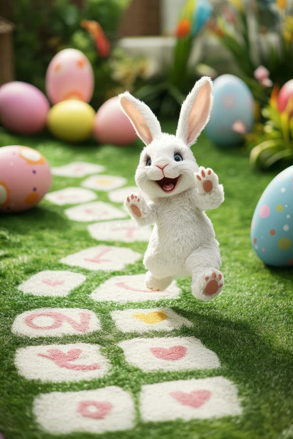 A Cute Easter Bunny Playing Hopscotch on a Pathway Made of Large ...
