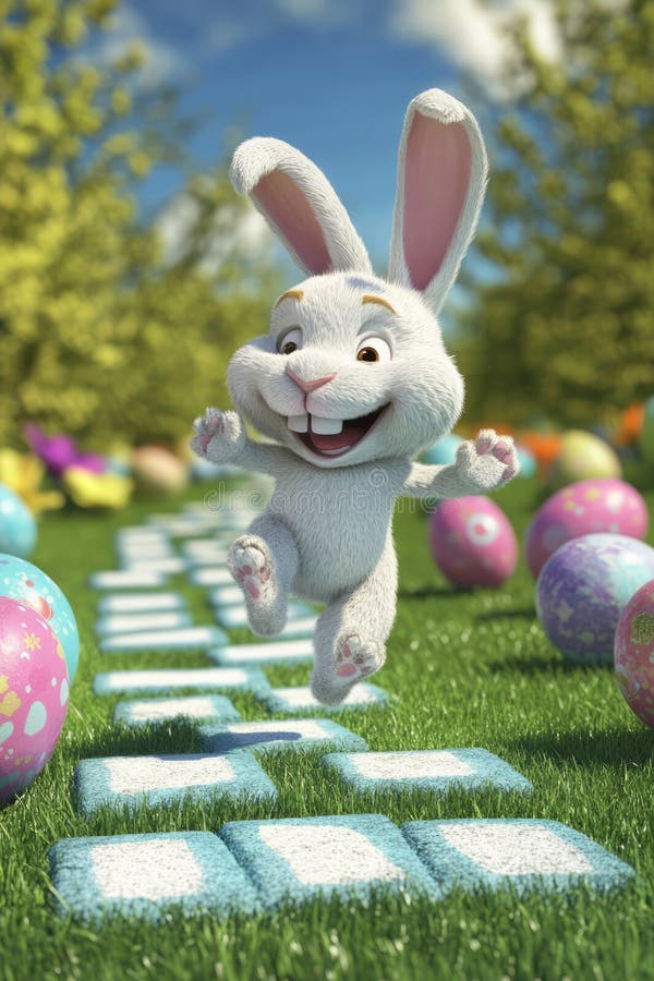 Cute Easter Bunny Playing Hopscotch Pathway Made Large Decorated Eggs ...