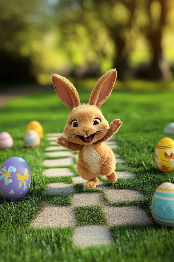 A Cute Easter Bunny Playing Hopscotch on a Pathway Made of Large ...