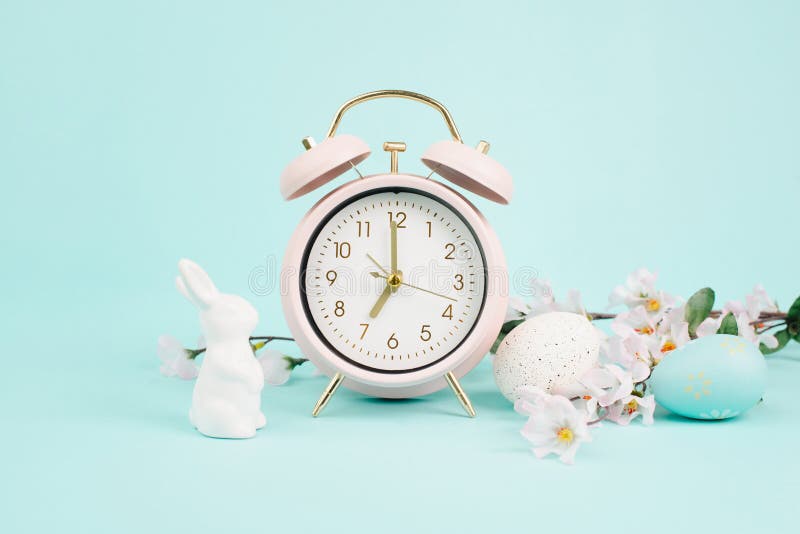 Cute Easter Bunny or Rabbit with an Alarm Clock, Eggs and Cherry ...