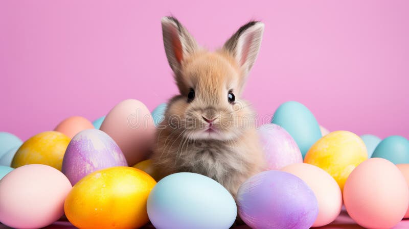 Cute Easter Bunny Rabbit with Egg on Pastel Spring Background, Isolated ...