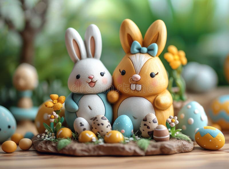 Cute Easter Bunny and Rabbit in the Garden Stock Image - Image of happy ...