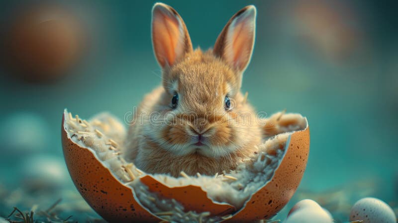 Cute Easter Bunny Rabbit Nestled in a Cracked Egg Shell Surrounded by ...