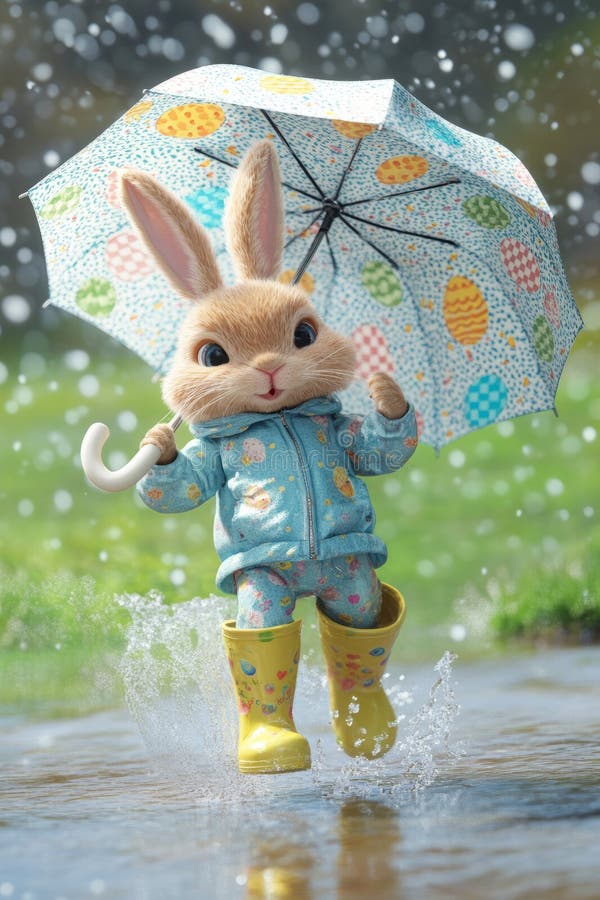 A Cute Easter Bunny in Rain Boots, Joyfully Splashing in Puddles while ...