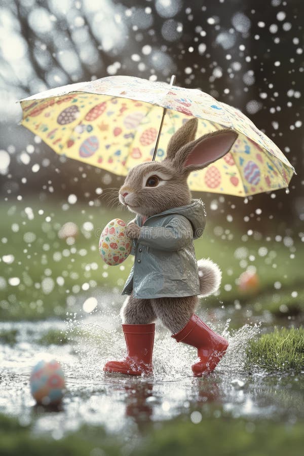 A Cute Easter Bunny in Rain Boots, Joyfully Splashing in Puddles while ...