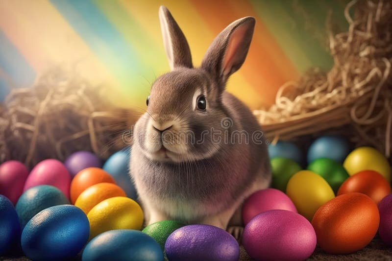Cute Easter Bunny and Rainbow Easter Eggs. Generative Ai. Stock Photo ...
