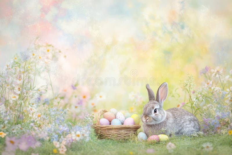 Cute Easter Bunny Resting Patch Grass Basket Full Eggs Stock Photos ...
