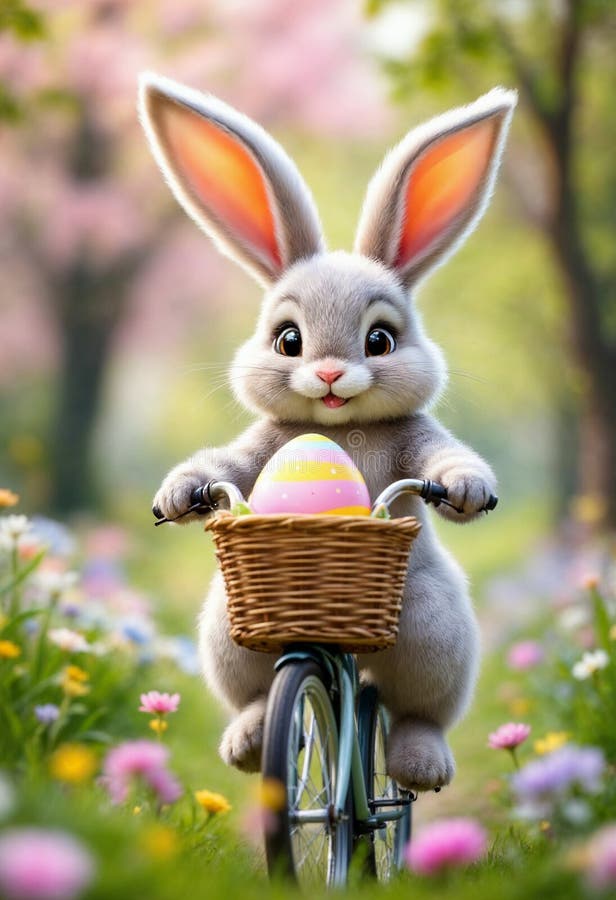 Cute Easter Bunny Riding Bicycle with Painted Egg in Spring Flower ...