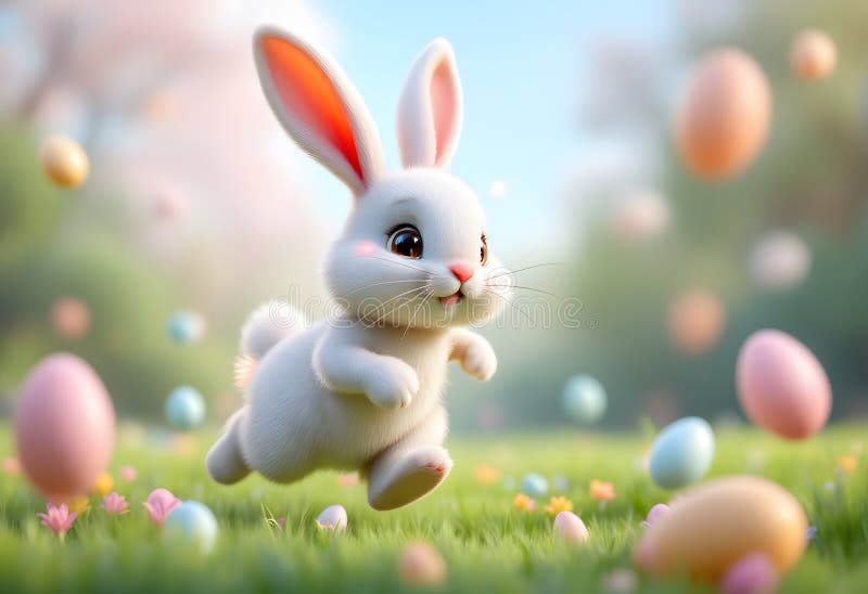 Cute Easter Bunny Running Amongst Colorful Eggs in a Spring Meadow ...