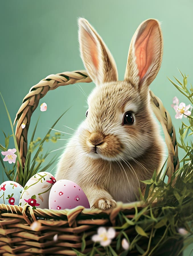 Cute Easter Bunny Sitting in a Basket with Eggs. Generative AI Stock ...