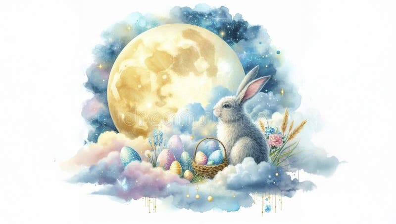 Cute Easter Bunny Sits on a Blue Cloud Against the Background of a Huge Yellow Moon Stock ...