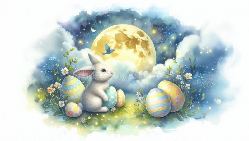 Cute Easter Bunny Sits on a Blue Cloud Against the Background of a Huge ...
