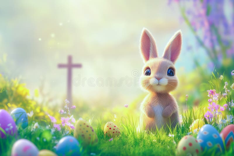 A Cute Easter Bunny Sits beside a Colorful Easter Egg with a Cross in ...