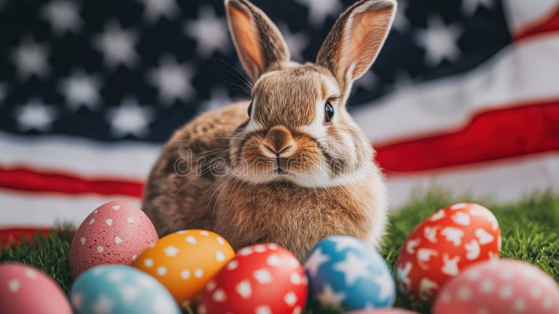 A Cute Easter Bunny Sits in the Grass Surrounded by Colorful Decorated ...