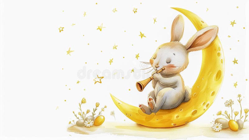 A Cute Easter Bunny Sits on the Surface of the Moon and Plays a Wooden ...
