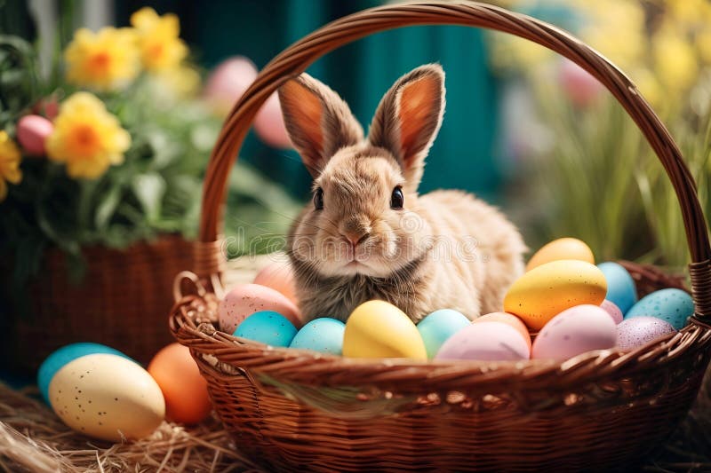 Cute Easter Bunny Sitting in a Basket with Colorful Eggs Stock ...