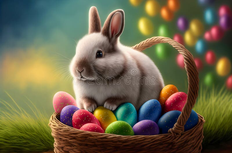 Cute Easter Bunny Sitting on Basket with Colorful Painted Eggs Stock ...