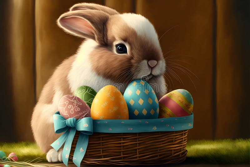 Cute Easter Bunny Sitting on Basket with Colorful Painted Eggs Stock ...