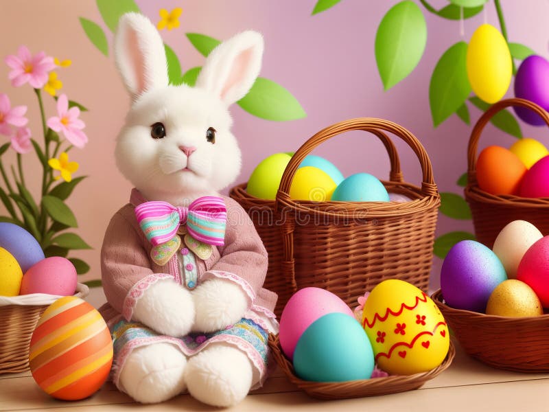 A Cute Easter Bunny is Sitting with a Basket of Eggs. Generative AI ...