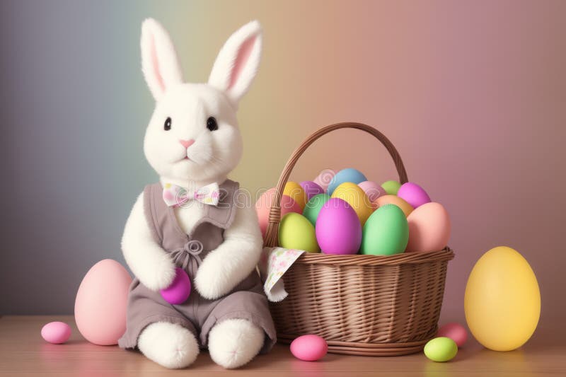A Cute Easter Bunny is Sitting with a Basket of Eggs. Generative AI ...
