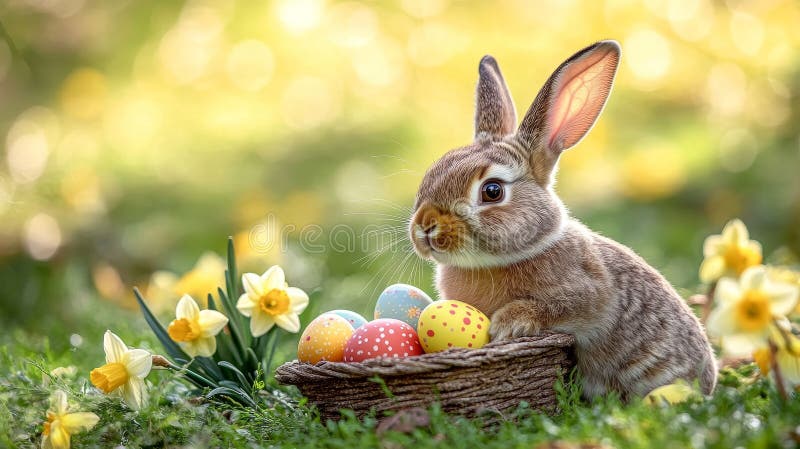 Cute Easter Bunny Sitting with Basket Full of Colorful Eggs in a Sunny ...