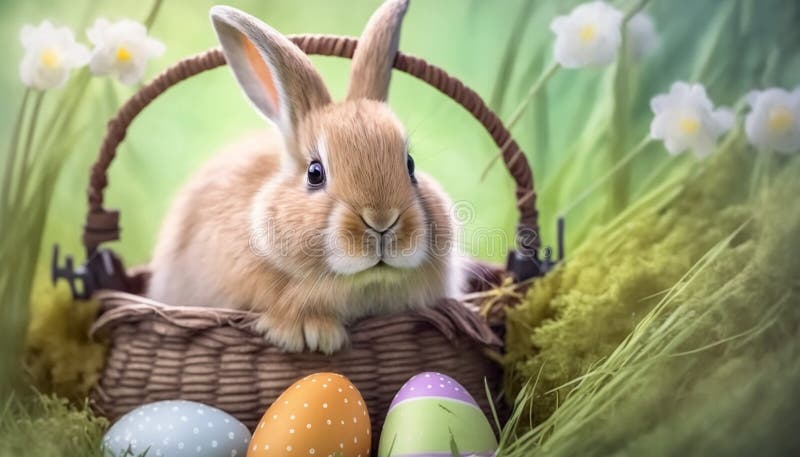 Cute Easter Bunny Sitting in the Basket with Painted Easter Egg on the ...