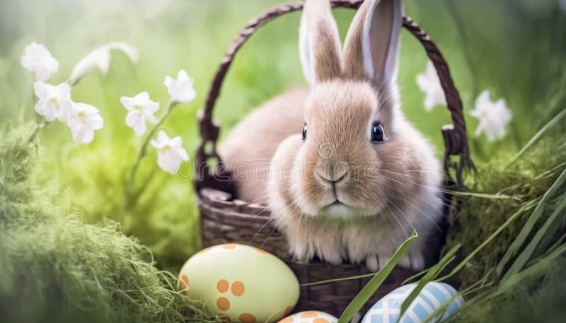 Cute Easter Bunny Sitting in the Basket with Painted Easter Egg on the ...