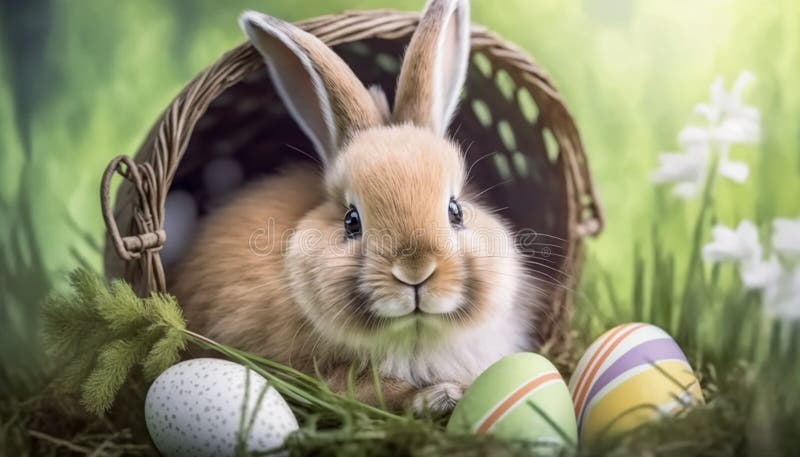 Cute Easter Bunny Sitting in the Basket with Painted Easter Egg on the ...