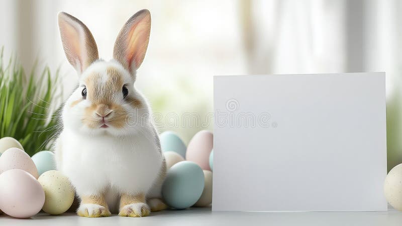 Cute Easter Bunny Sitting with Colorful Eggs and a Blank Card on a ...